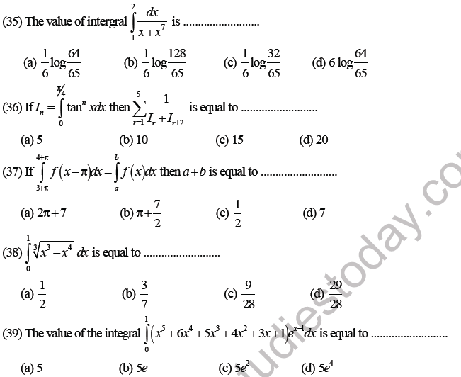 JEE Mathematics Definite Integration MCQs Set A with Answers